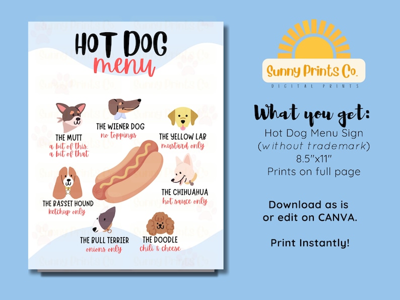 NEW! Hot Dog Bar Menu Sign, Printable, Dog Birthday Party, Puppy ...
