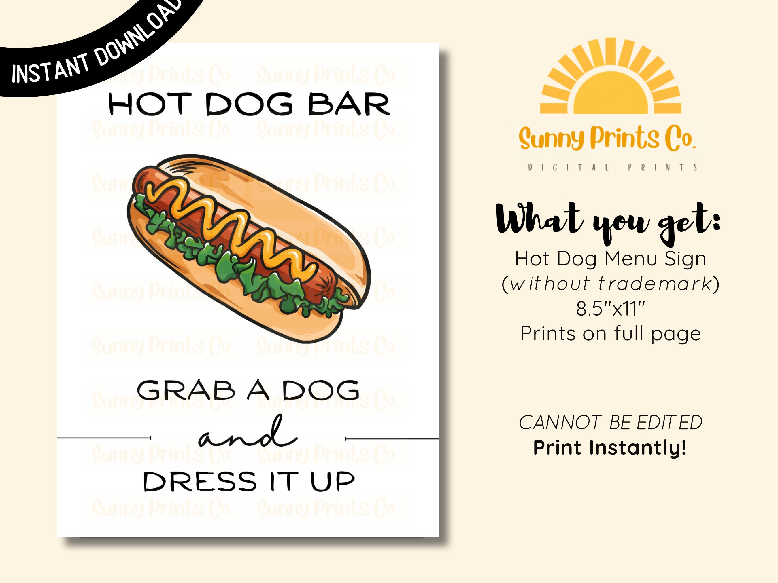 Hot Dog Bar Menu Sign, Printable, Birthday Party, Fourth of July, Food ...