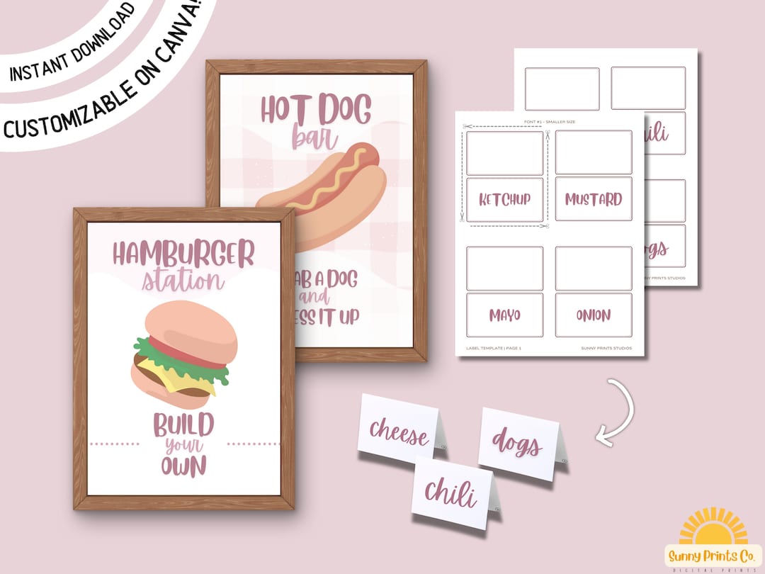 Food Menu and Label Cut Outs, Hot Dog, Build Your Own Burger, Printable ...