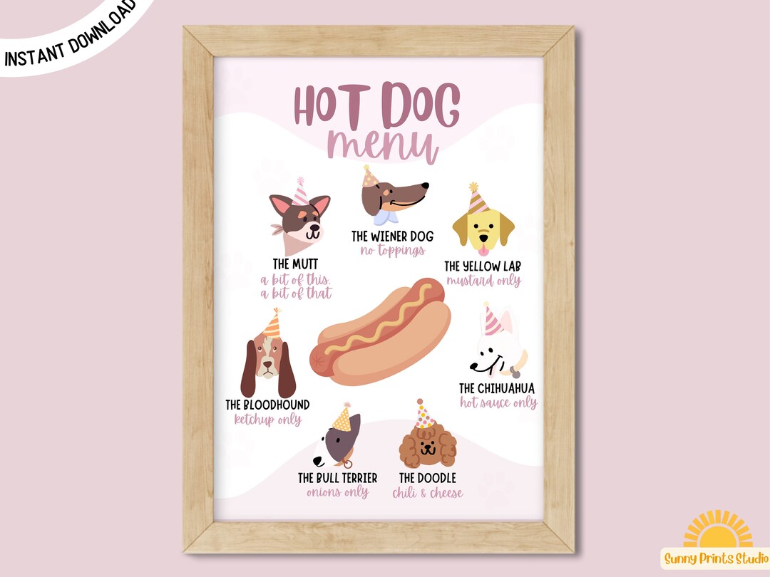 Hot Dog Bar Menu Sign, Printable, Dog Birthday Party, Puppy Adoption ...