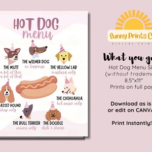 Hot Dog Bar Menu Sign, Printable, Dog Birthday Party, Puppy Adoption ...