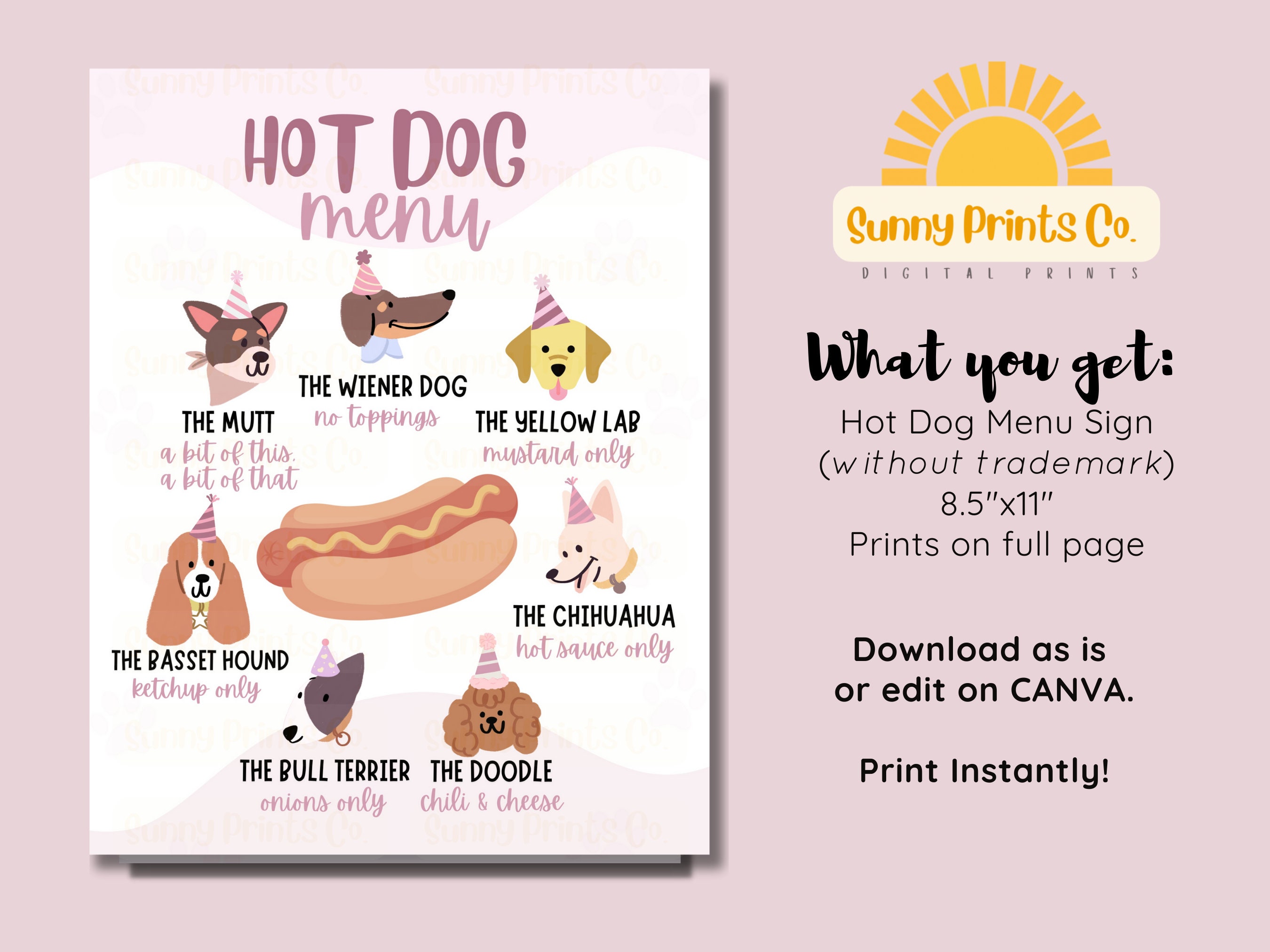 Hot Dog Bar Menu Sign, Printable, Dog Birthday Party, Puppy Adoption ...