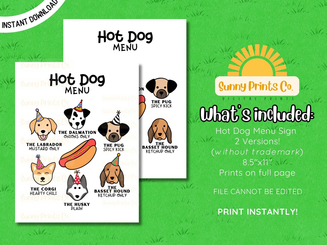 New! Hot Dog Bar Menu Sign, Printable, Birthday Party, Puppy Adoption ...