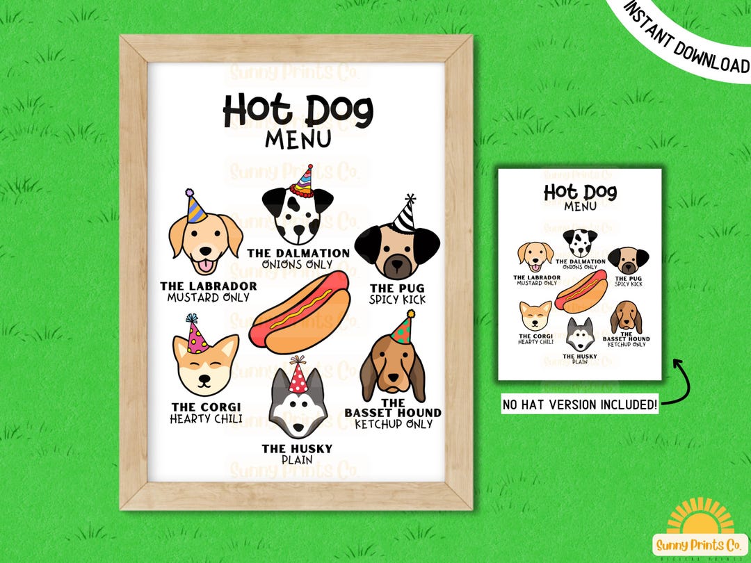 New! Hot Dog Bar Menu Sign, Printable, Birthday Party, Puppy Adoption ...