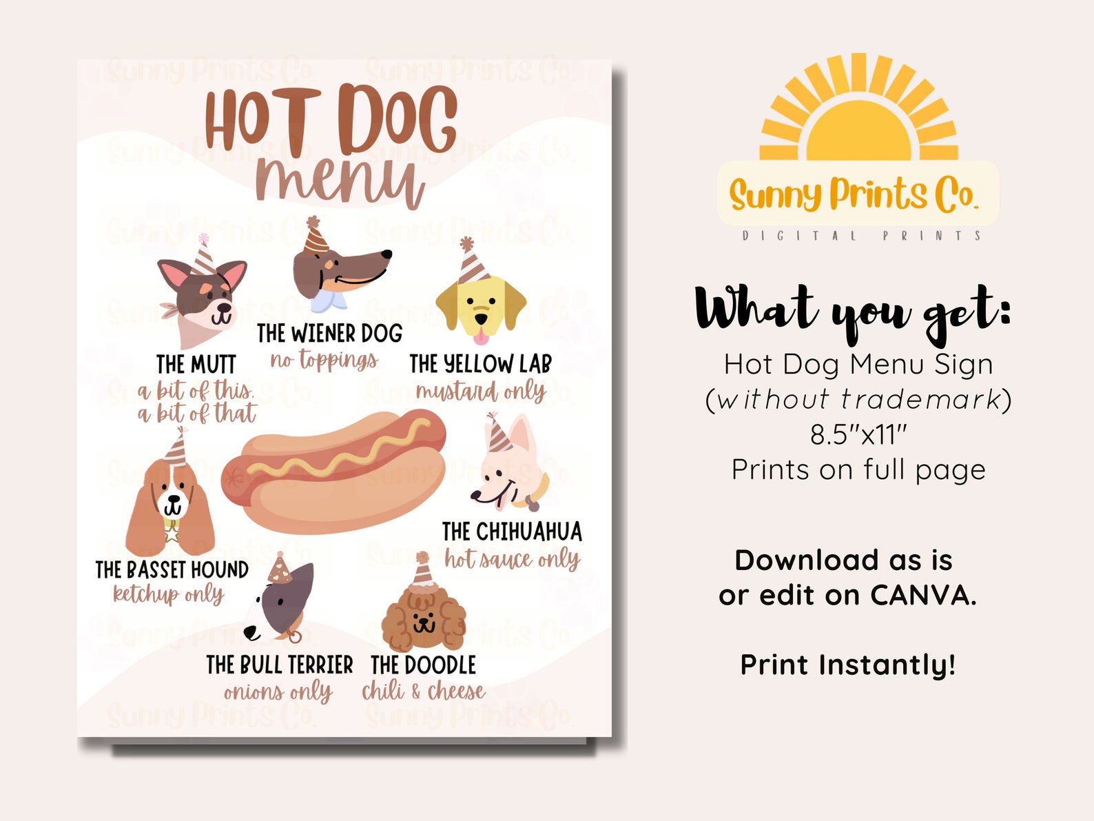 NEW! Neutral Hot Dog Bar Menu Sign, Printable, Dog Birthday Party ...