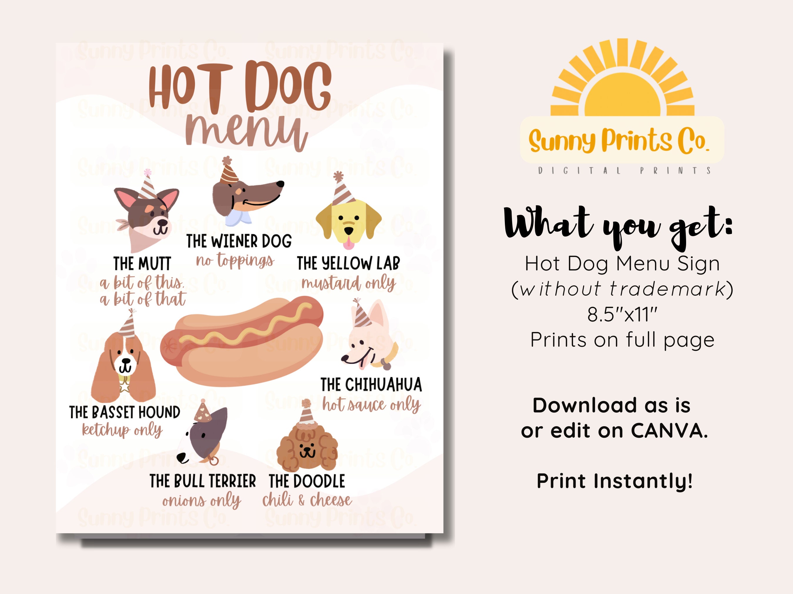 NEW! Neutral Hot Dog Bar Menu Sign, Printable, Dog Birthday Party ...