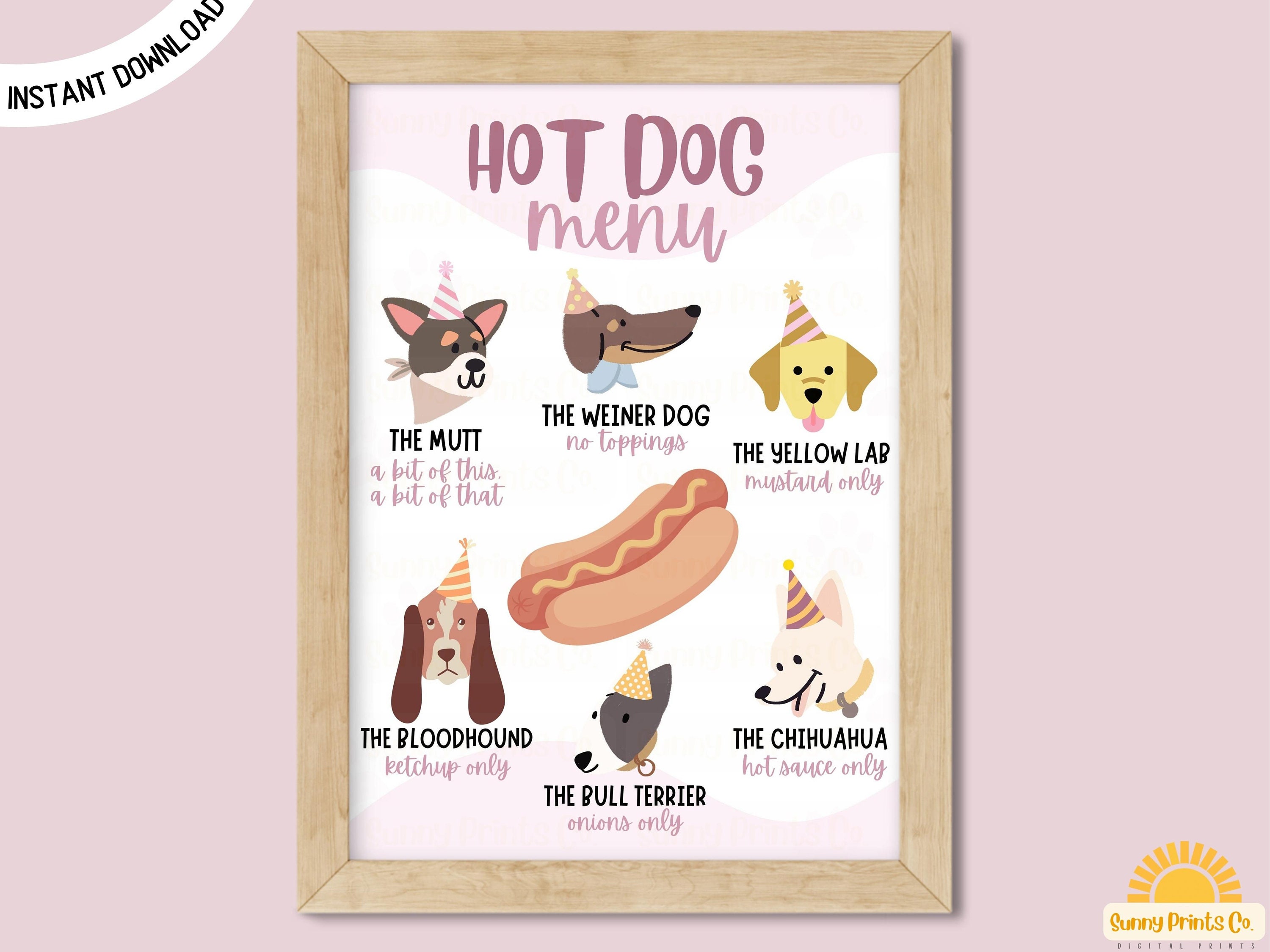 Hot Dog Bar Menu Sign, Printable, Dog Birthday Party, Puppy Adoption ...