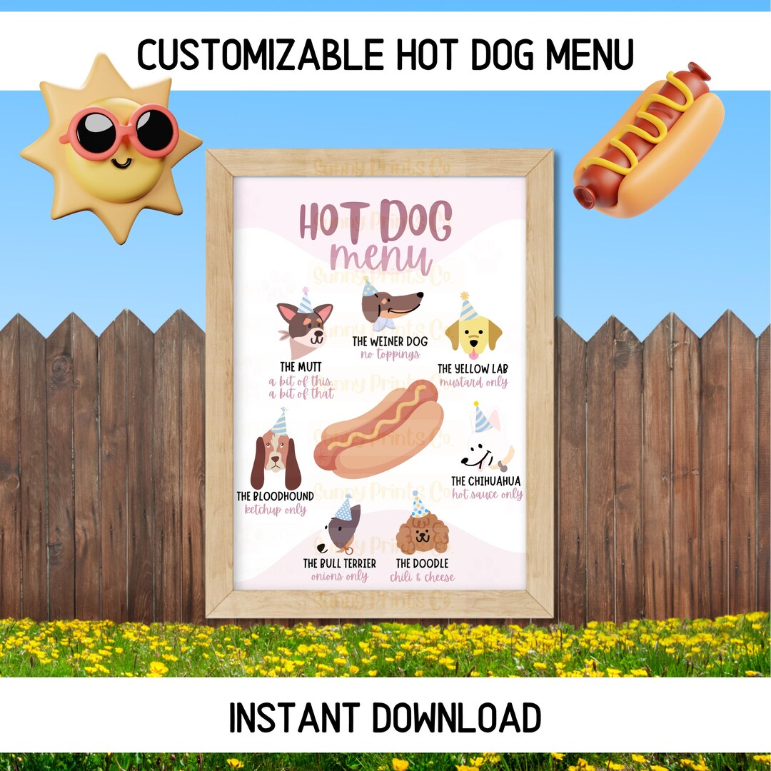 Hot Dog Bar Menu Sign, Printable, Dog Birthday Party, Puppy Adoption ...