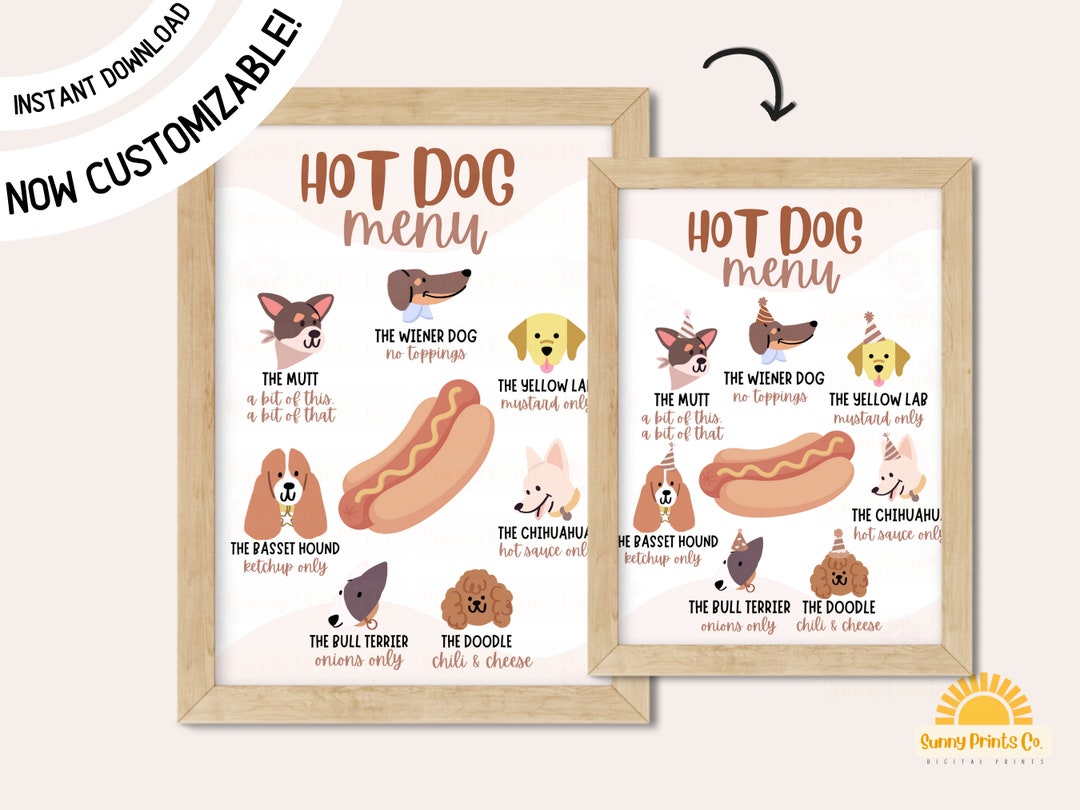NEW! Neutral Hot Dog Bar Menu Sign, Printable, Dog Birthday Party ...