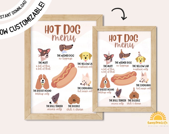 Hot Dog Bar Menu Sign, Printable, Dog Birthday Party, Puppy Adoption ...
