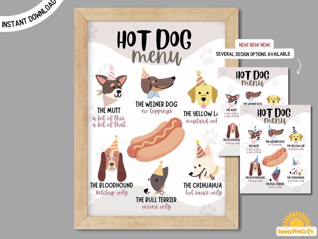 New Hot Dog Bar Menu Sign, Printable, Birthday Party, Puppy Adoption ...