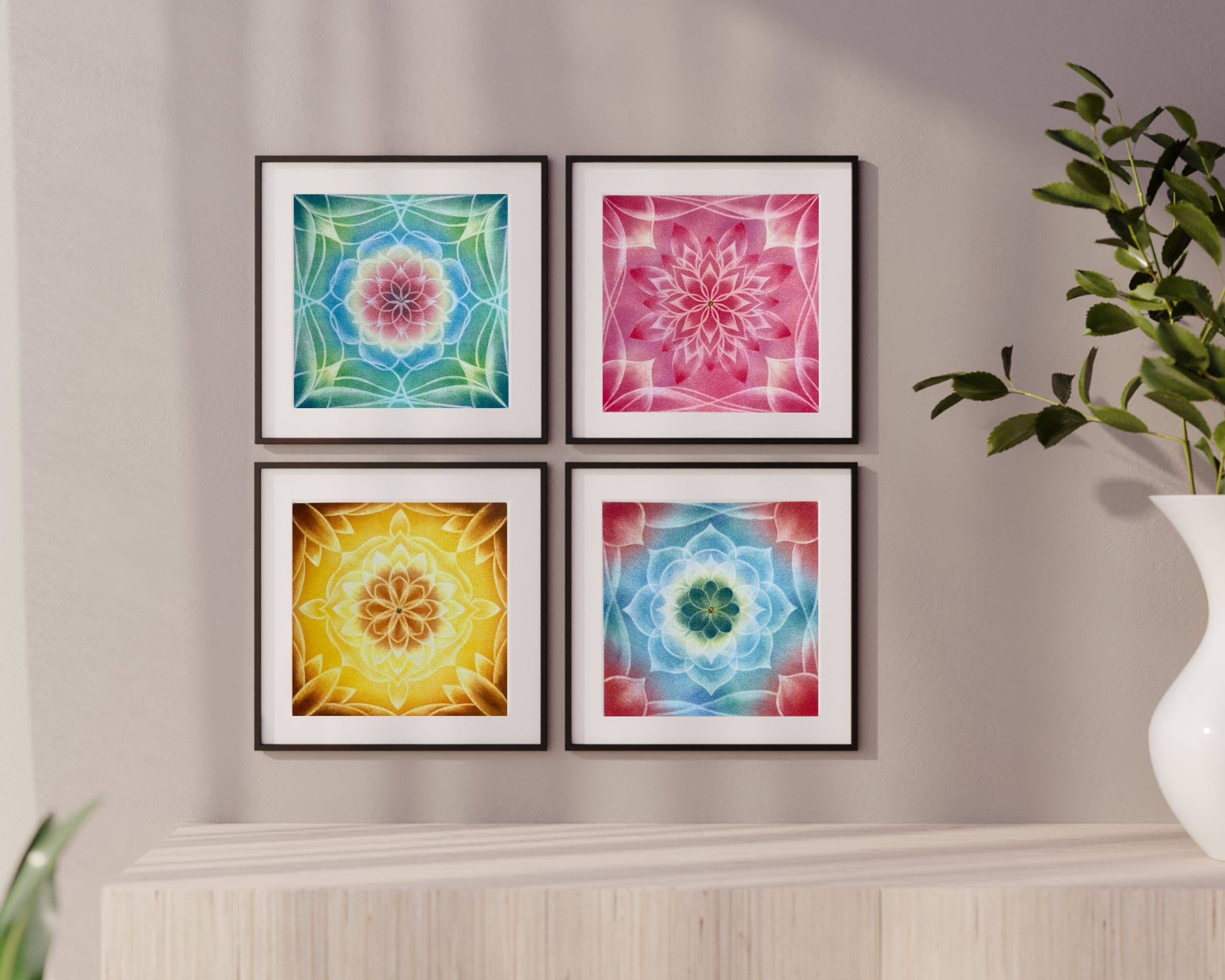 Set of 4 Pastel Mandala Art, Pastel Mandala Wall Art, Yoga Meditation ...