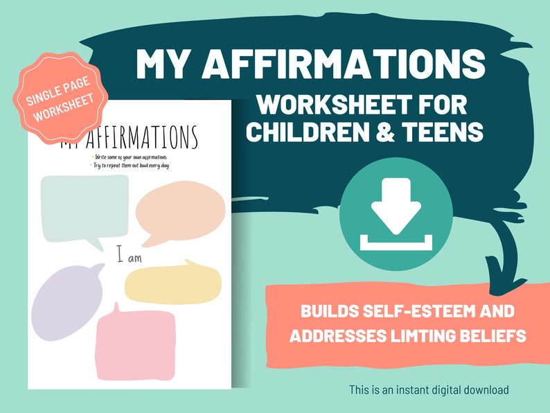 My Affirmations A Therapeutic Worksheet for Children Emotional Support ...