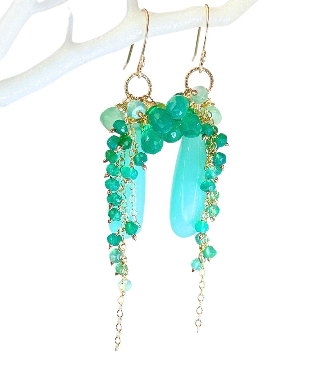 Seafoam Mint Chalcedony Gemstone Cluster Earrings, Unique Eye Catching ...