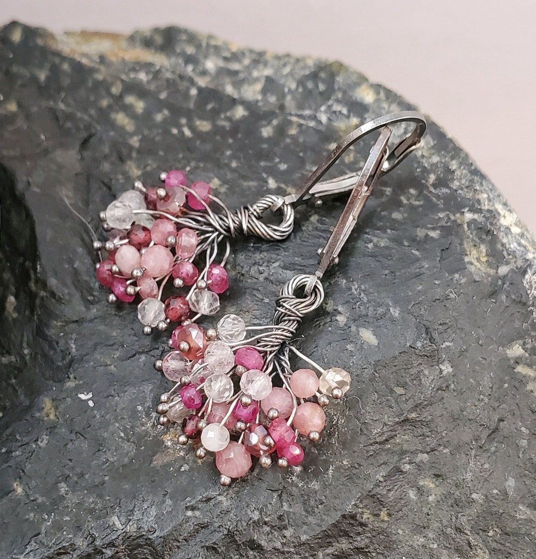 Ruby Rose Quartz Pink Red Gemstone Floral Cluster Earrings, Give Your ...