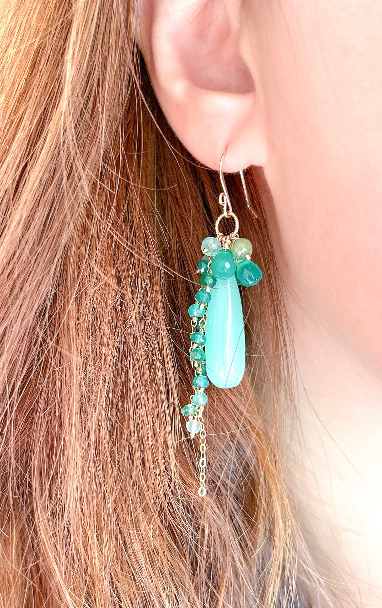 Seafoam Mint Chalcedony Gemstone Cluster Earrings, Unique Eye Catching ...