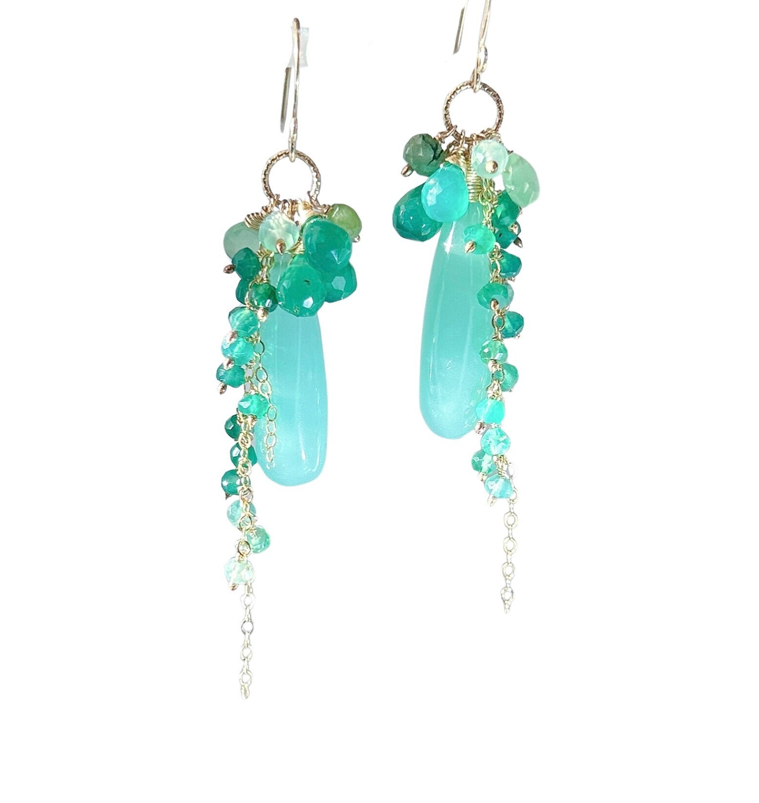 Seafoam Mint Chalcedony Gemstone Cluster Earrings, Unique Eye Catching ...