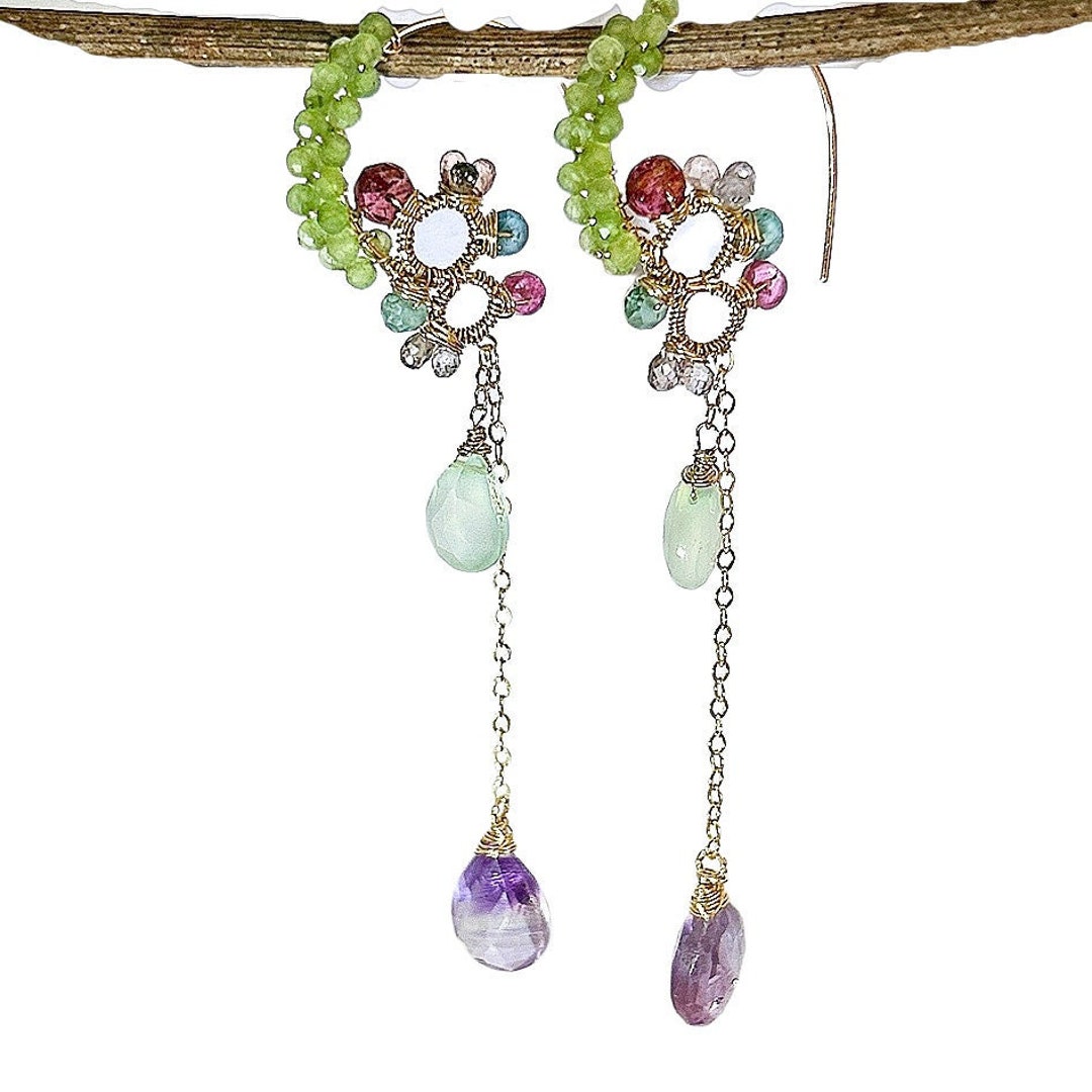 Watermelon Tourmaline Gemstone Cluster Hook, Vine Flower Sterling ...