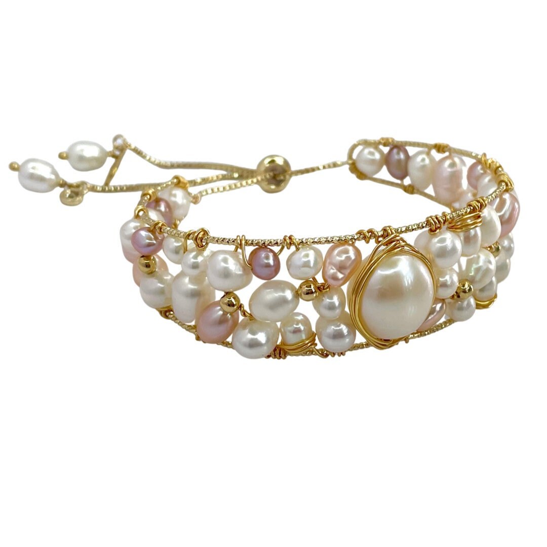 Glamorous Gold Culture Pearl Cuff, Gold Statement Bangle, Gemstone ...