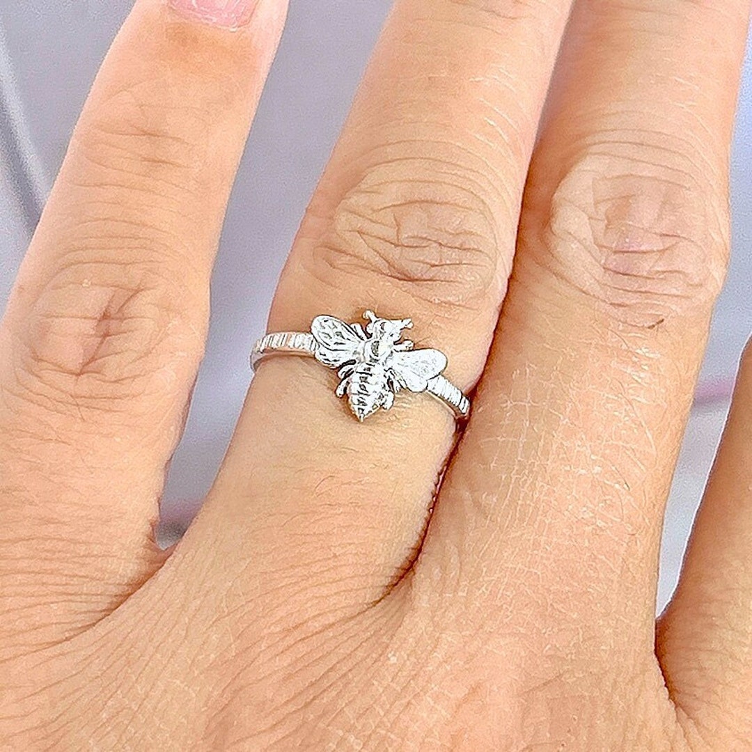 Bee Ring Sterling Silver Stacking Ring, Natural Inspired Tiny Sterling ...