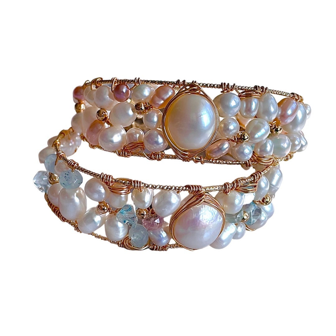 Glamorous Gold Culture Pearl Cuff, Gold Statement Bangle, Gemstone ...