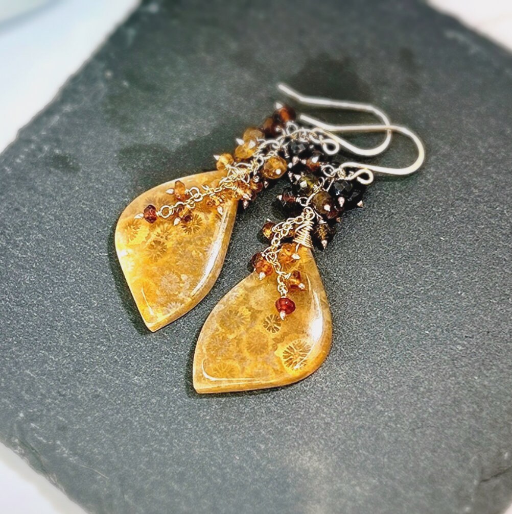 Fossil Coral Earrings Gold Beaded Cluster Earring With Petrol - Etsy