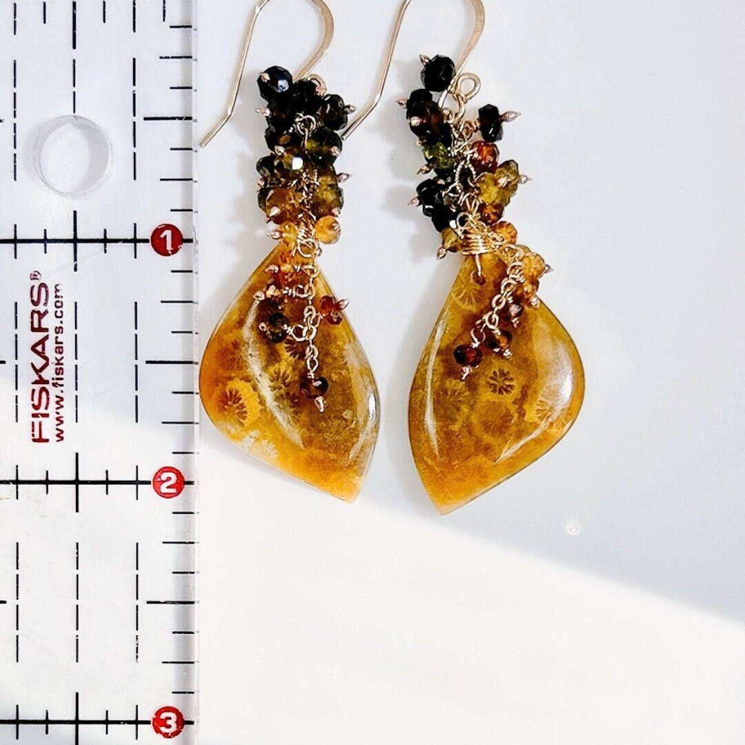 Fossil Coral Earrings Gold Beaded Cluster Earring With Petrol - Etsy