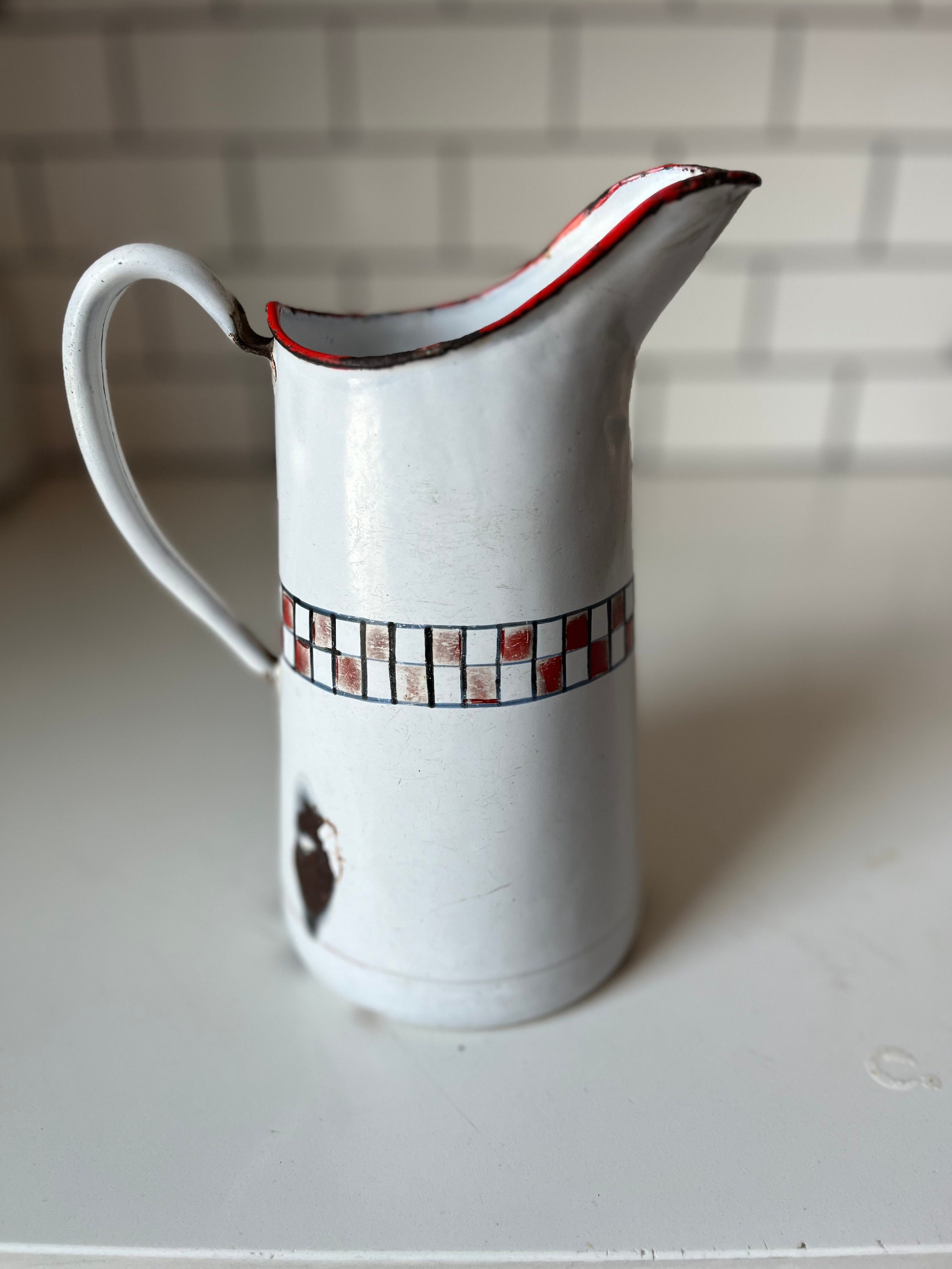Classic French Country Enamelware Pitcher With Red and White Checks ...