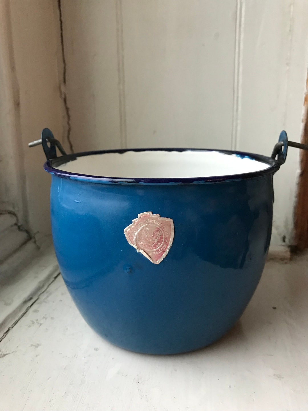 Blue Enamel Bucket With Shield Shaped Paper Label - Etsy