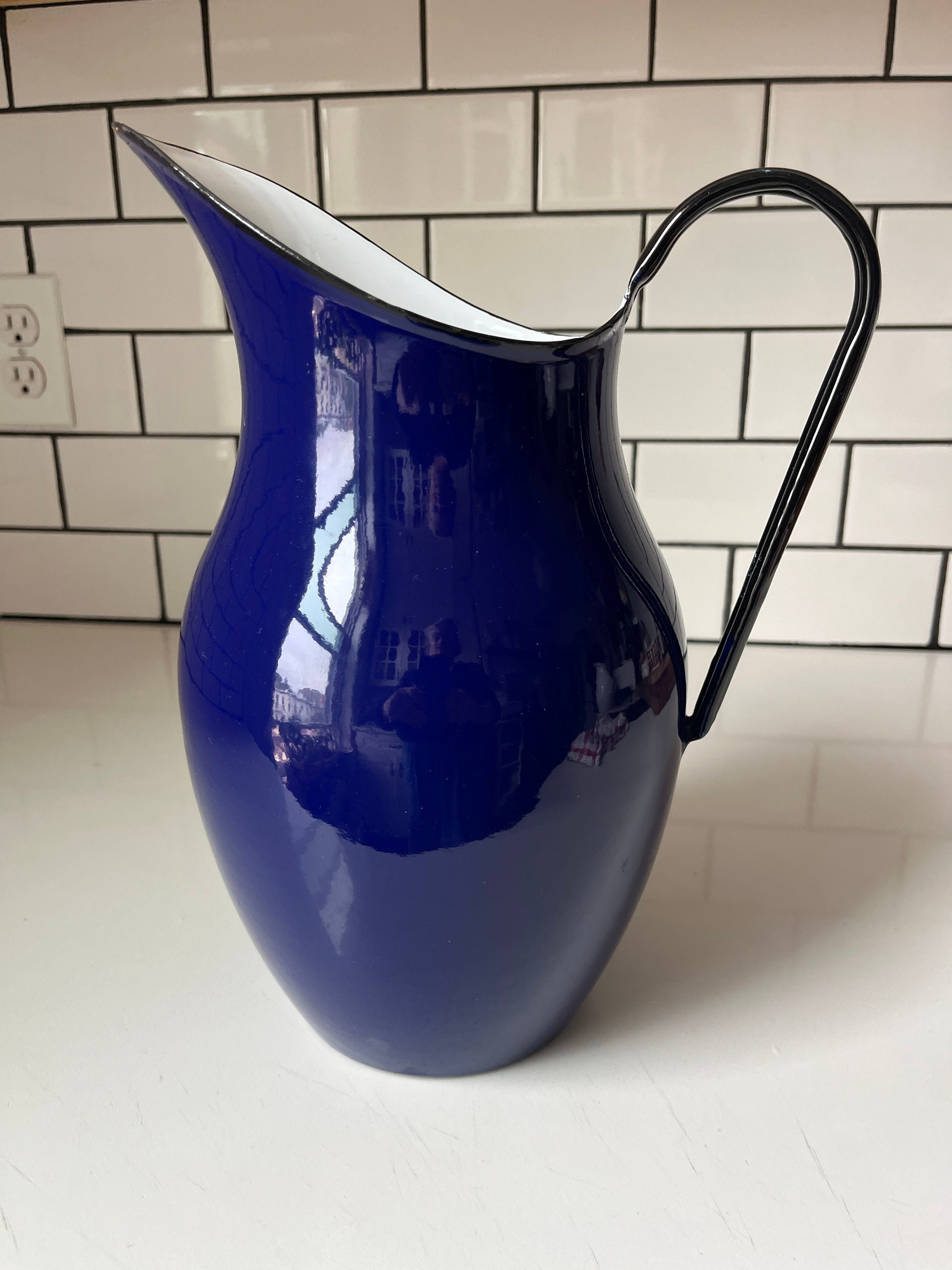 Tall Cobalt Blue and White Enamelware Pitcher in Nice Condition ...
