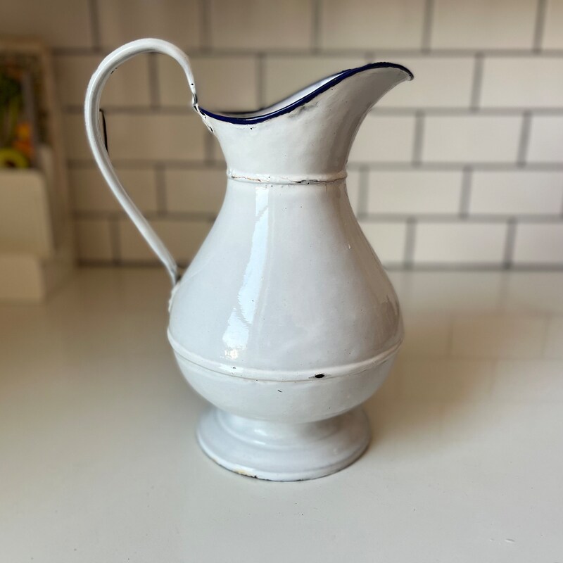 White Enamel Pitcher - Etsy