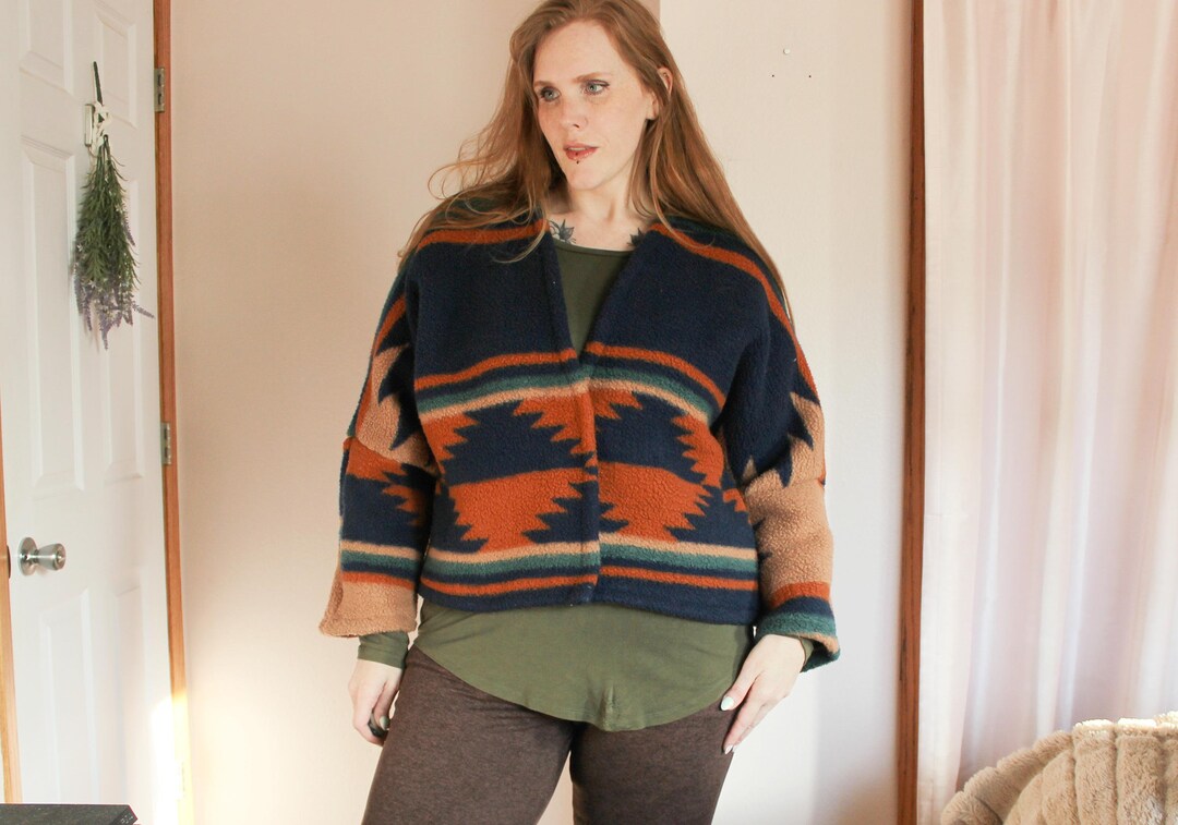S-1X Aztec Cardigan Tribal Fleece Wrap Sweater Jacket Brown Blue Green ...