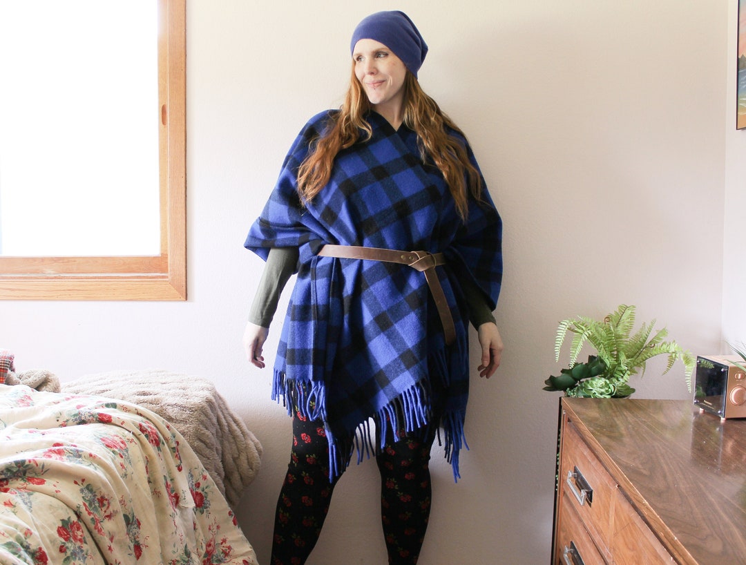 S-5X Vintage Pendleton Wool Poncho Cape Blue Plaid Blanket Sweater Wrap ...