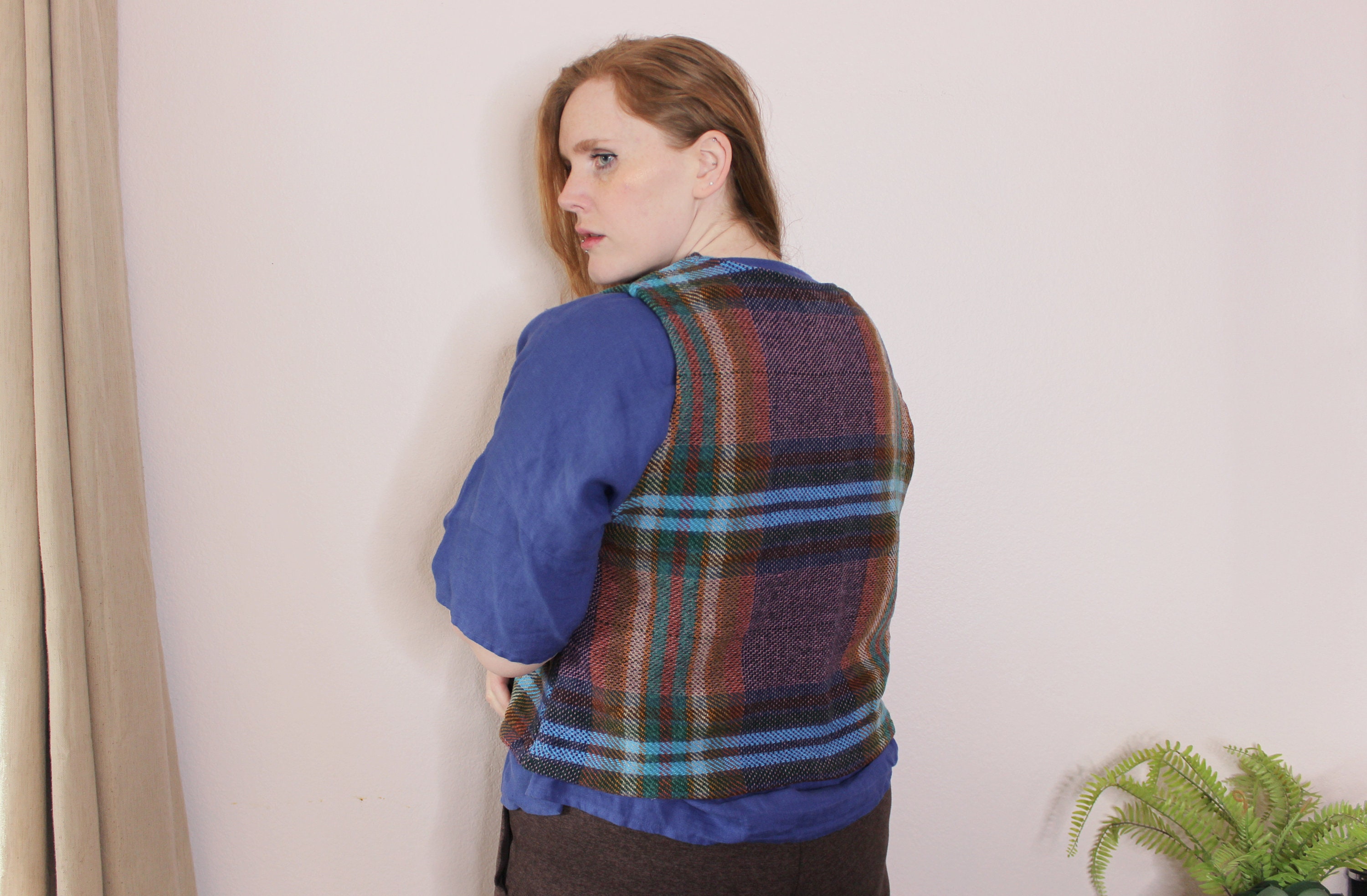 Wool Plaid Vest Handmade Cropped Purple Plaid Pullover, Boxy Oversized ...