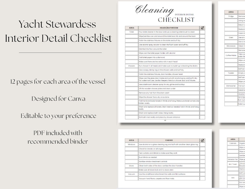 Yacht Stewardess Interior Detail Cleaning Checklist - Printable & Canva ...