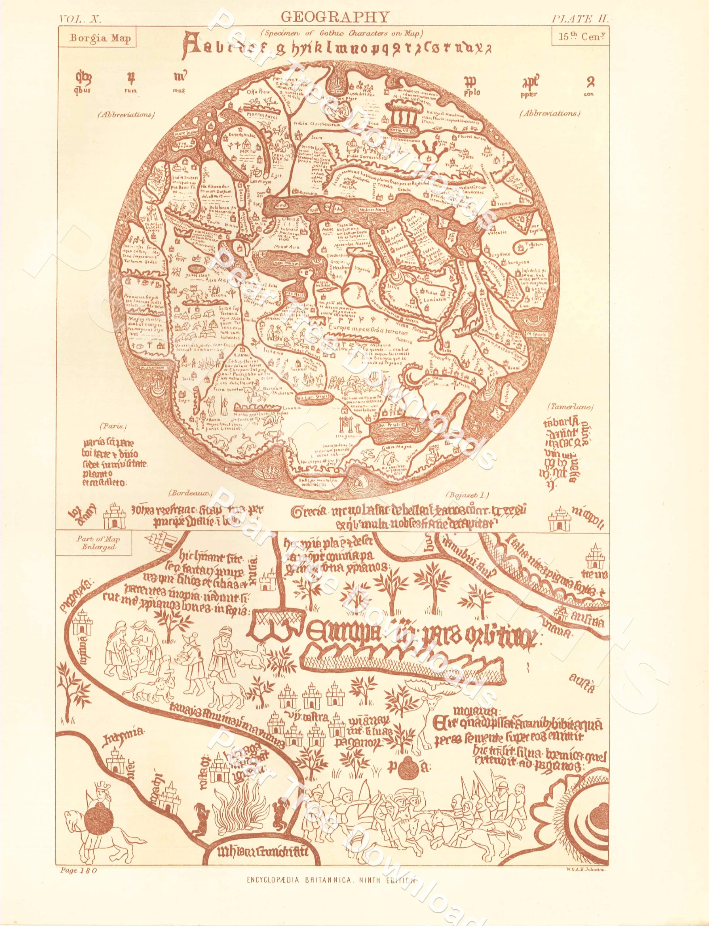 Ancient BORGIA MAP 15th Century - GEOGRAPHY 1886 Digital Print ...