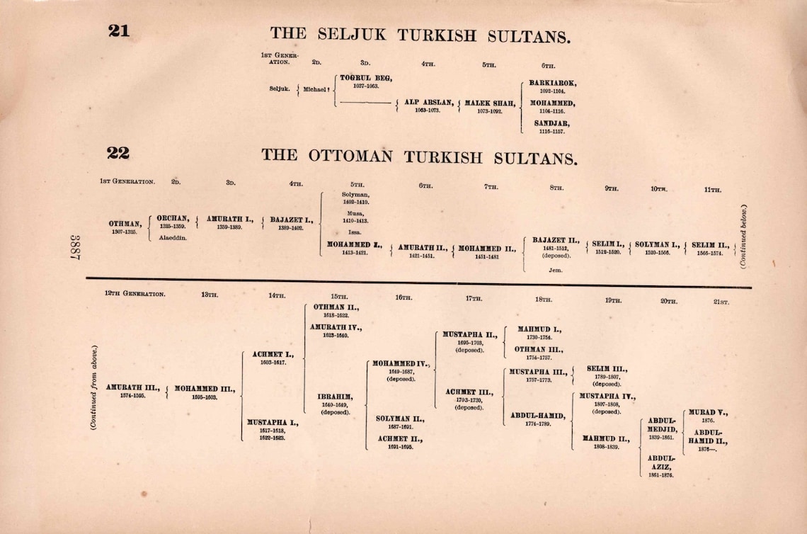 Seljuk & Ottoman Turkish Sultans Lineage Chart - 1901 Historical Print ...