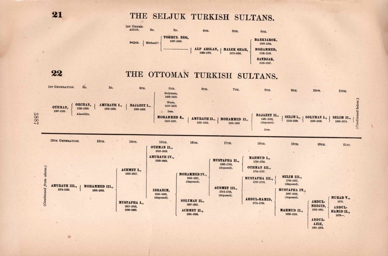 SELJUK & OTTOMAN Turkish Sultans Lineage Chart European Great ...