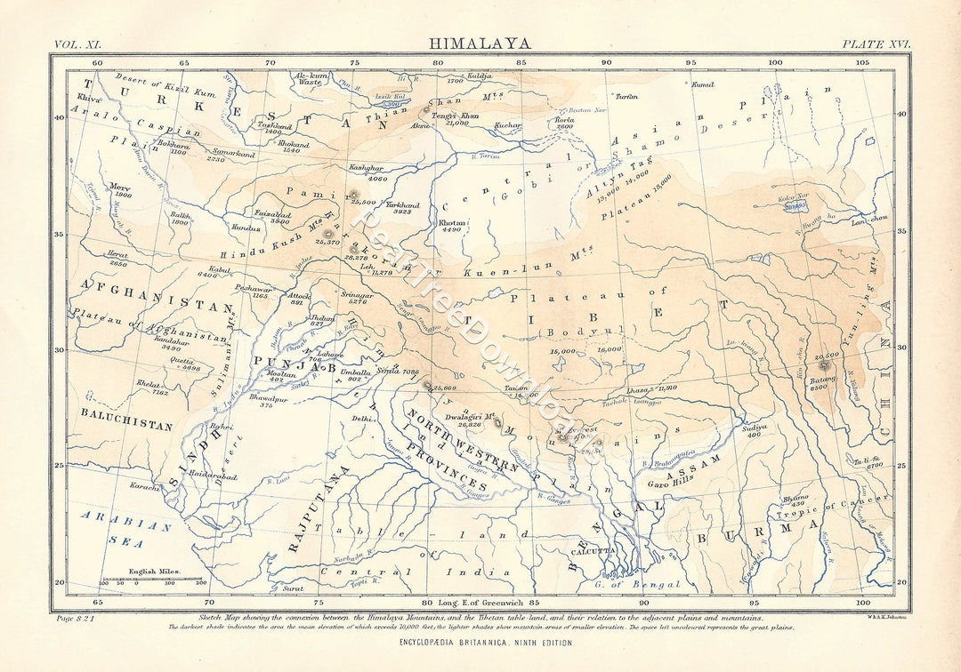 HIMALAYA Rare 1886 Antique Digital Sketch Map - Printable Vintage Art ...