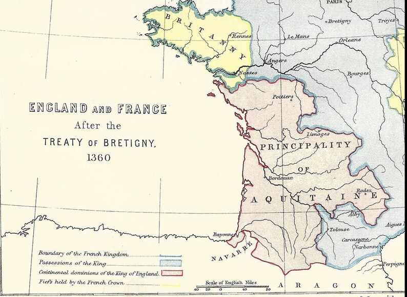 England & France 1360 Map: Antique Treaty of Bretigny (digital Download ...