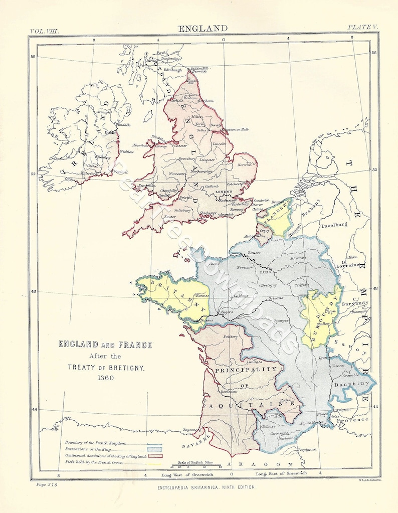 England & France 1360 Map: Antique Treaty of Bretigny (digital Download ...