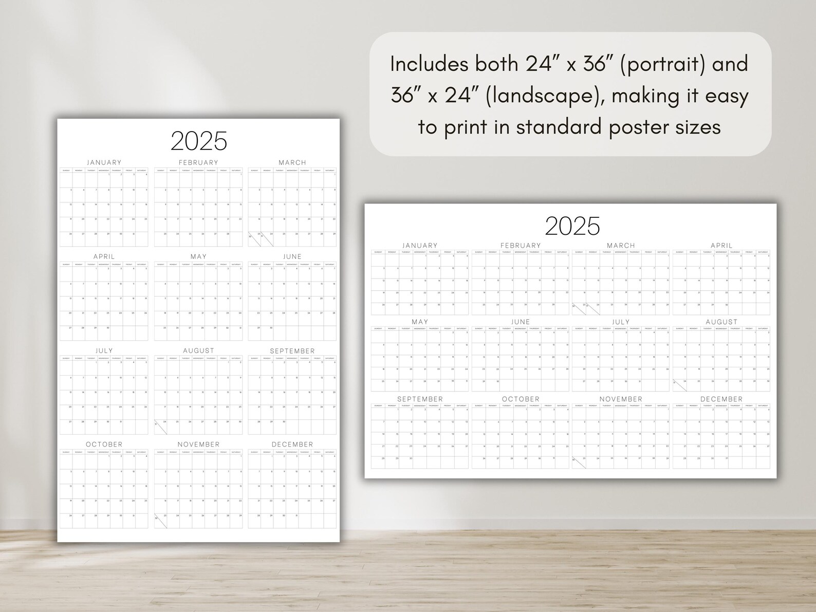 2025 Year-at-a-glance Poster Printable - Minimalist Large Wall Calendar ...