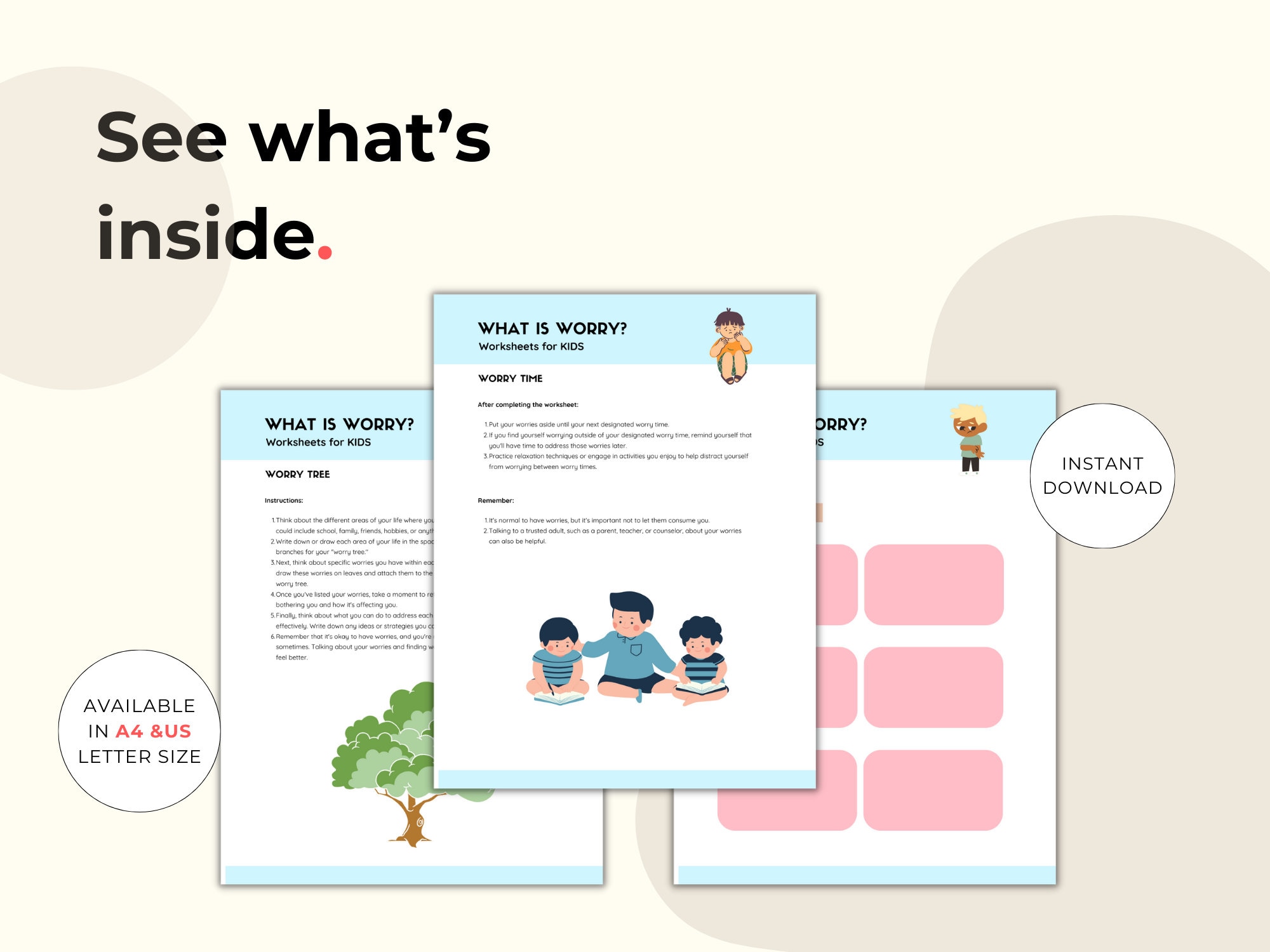 Worry Worksheets for Kids, CBT Worksheets Therapy for Children, School ...