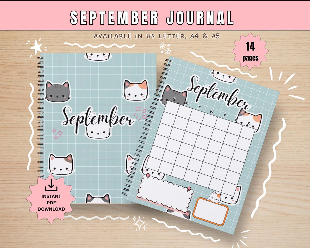 September Journal Bundle: Cute Cat Theme, Printable Journal Pages, Pre ...