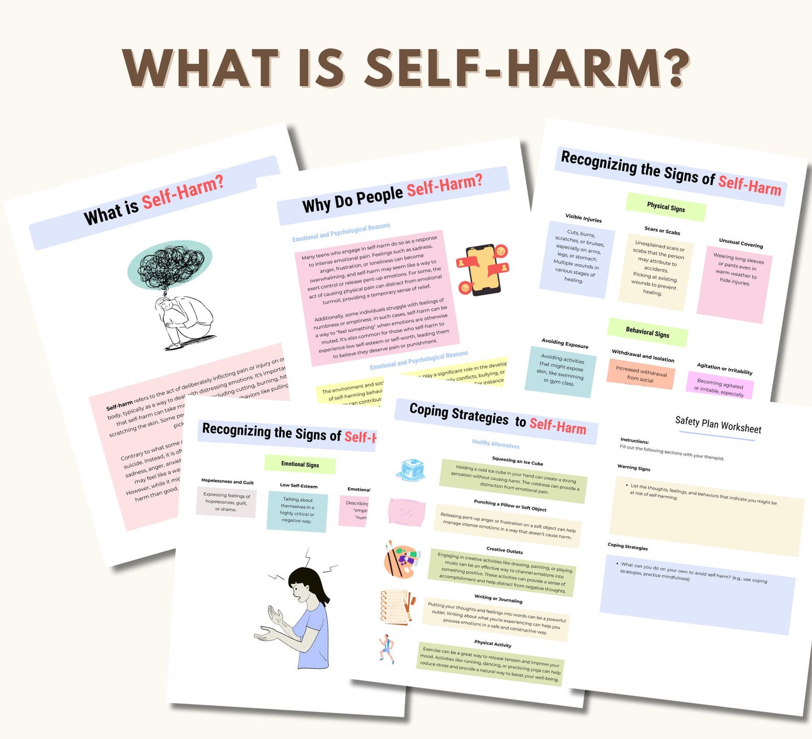 Self Harm Coping Skills Worksheets for Teen Mental Health, Reflective ...