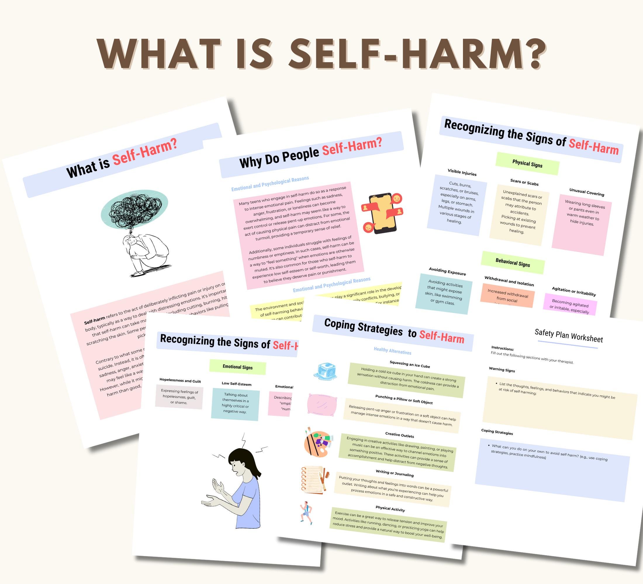 Self Harm Coping Skills Worksheets for Teen Mental Health, Reflective ...