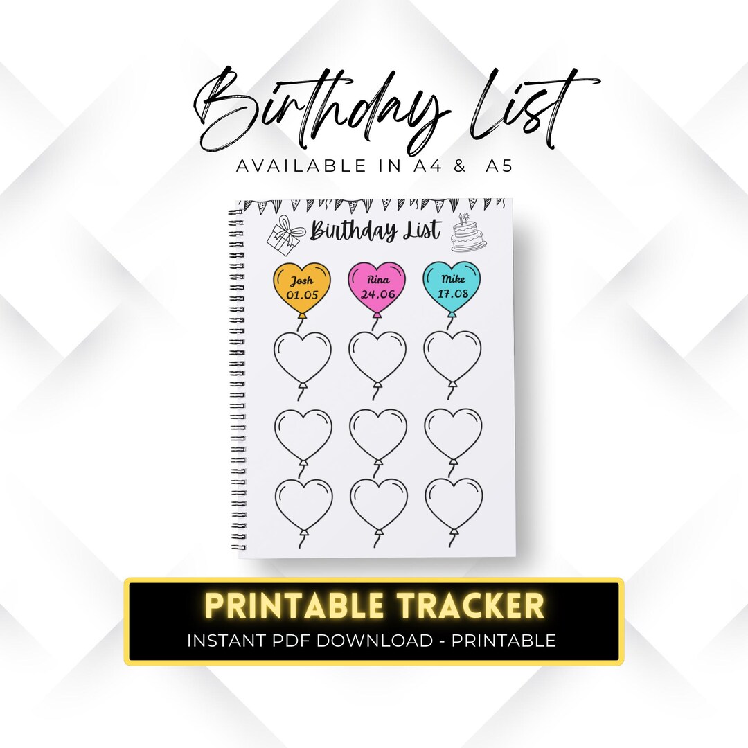 Birthday List, Birthday Tracker, PRINTABLE Journal Template, Friend ...