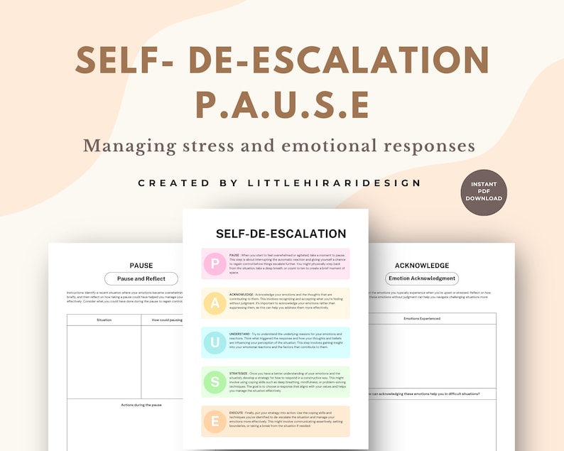 Self De-escalation PAUSE, Managing Stress and Emotional Response, DBT Worksheets for Emotional ...
