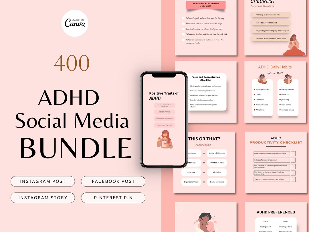 PINK ADHD Social Media Bundle for Coaches, Mental Health Instagram ...