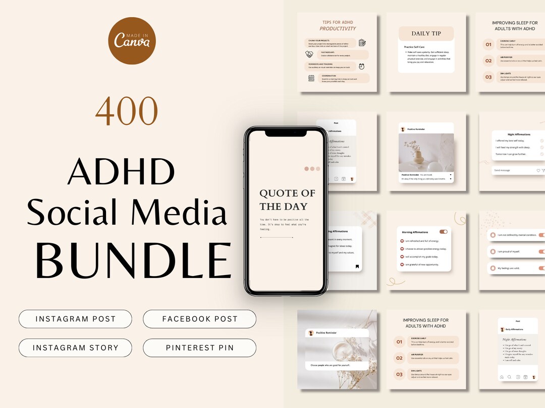 ADHD Social Media Bundle for Coaches, Mental Health Instagram Post ...